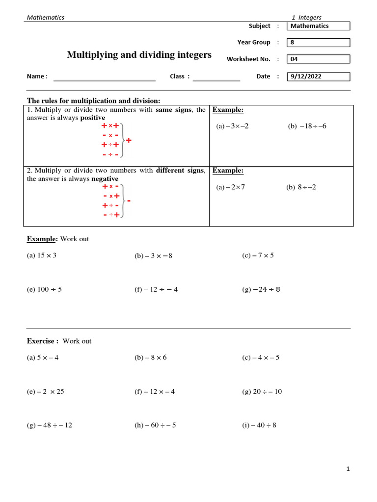 Multiplying and Dividing Integers | PDF | Multiplication | Mathematical Notation