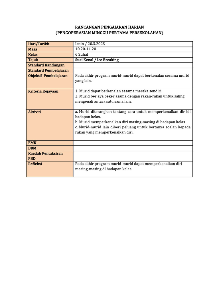 ERPH Minggu Pertama Persekolahan 2023-2024 (Fasa 1) | PDF