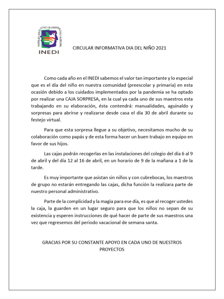 Circular Informativa Dia Del Niño 2021 | PDF