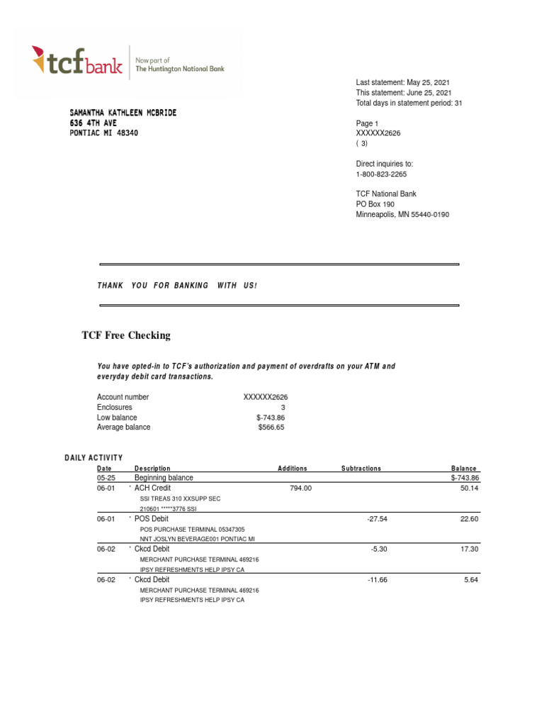 Samantha McBride's Bank Statement Summary | PDF | Debit Card | Overdraft