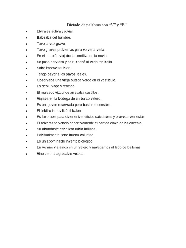 Dictado de Palabras Con V y B | PDF