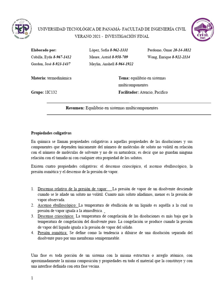 Resumen - Equilibrio de Sistemas Multicomponentes | PDF | Fase (materia ...