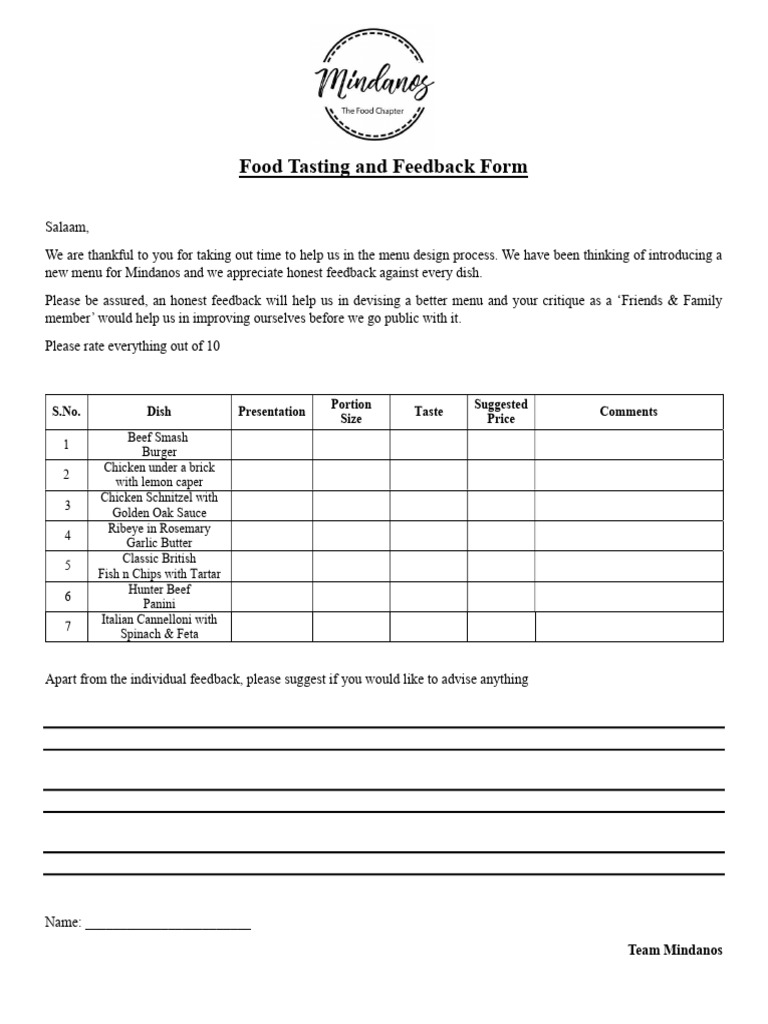 Food Tasting & Feedback Form | PDF | Cooking, Food & Wine