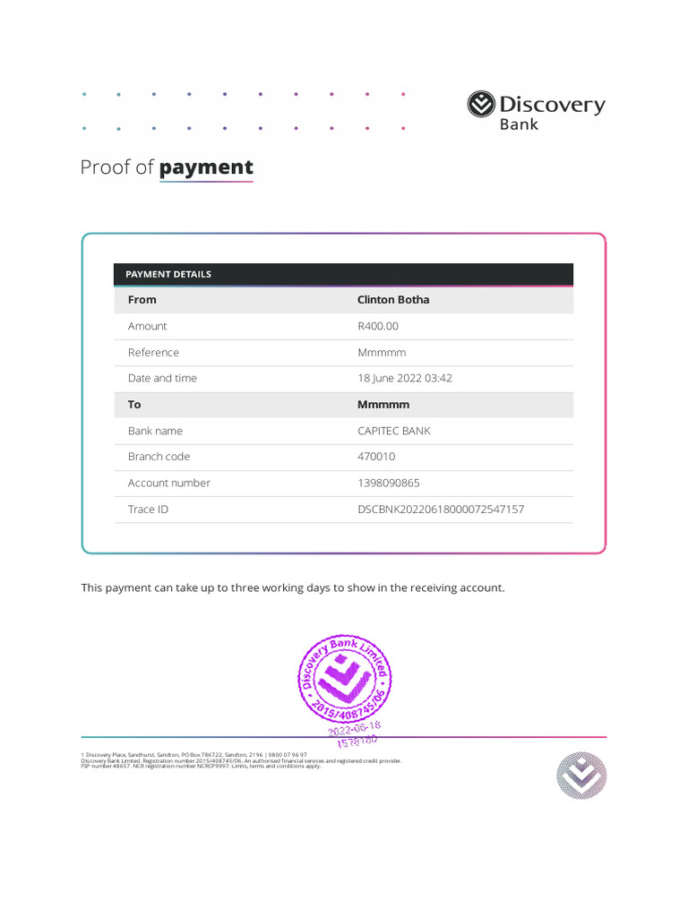 Payment Confirmation from Discovery Bank | PDF