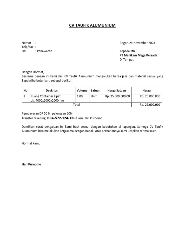 CV Taufik Alumunium-1 | PDF