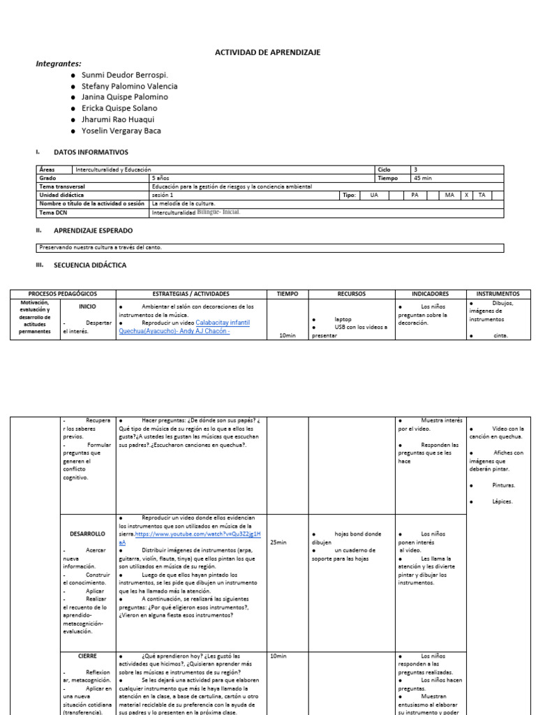 Formato Sesion de Aprendizaje Inicial-2 | PDF | Aprendizaje