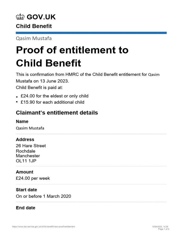 Proof of Child Benefit Entitlement 1700483246689 Copy1700489642014 | PDF