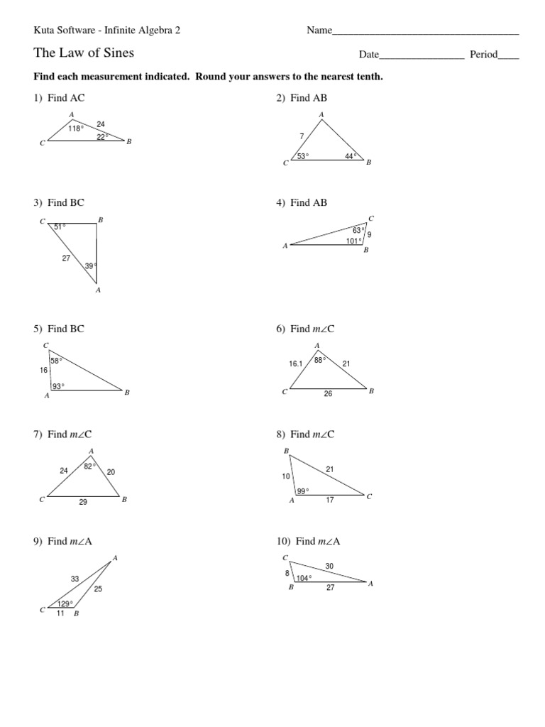 Law of Sines Practice Worksheet | PDF | Triangle | Elementary Geometry
