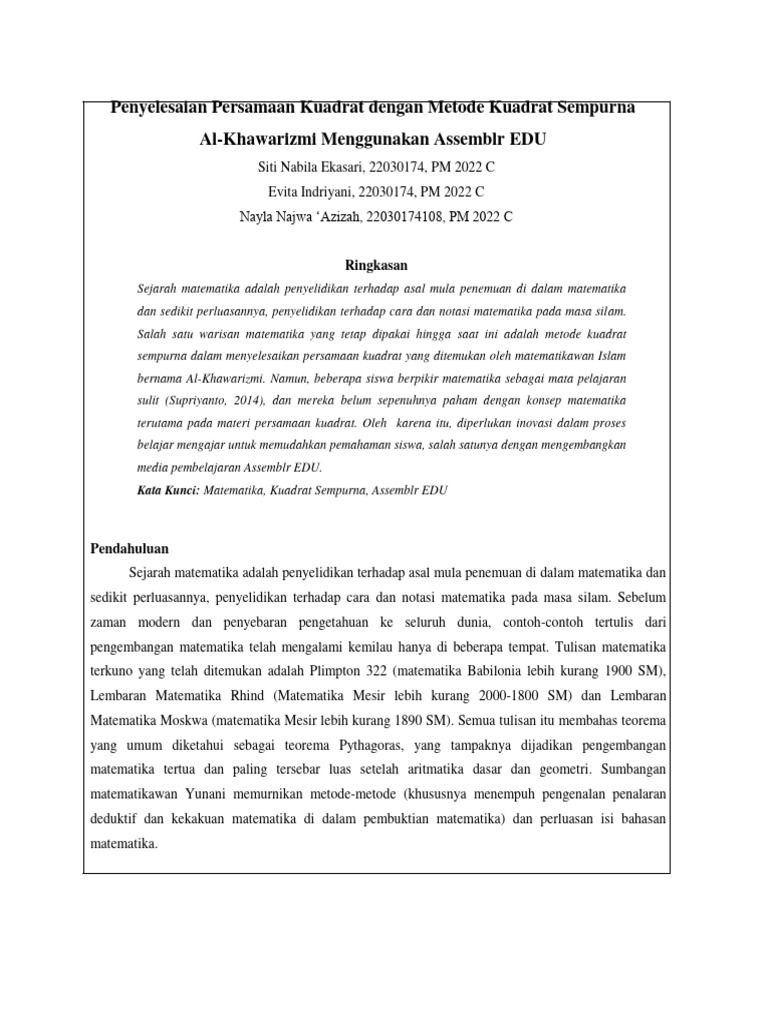 (033,098,108) - Kelompok 4 - Metode Kuadrat Sempurna | PDF | Metode & Bahan Ajar | Seni
