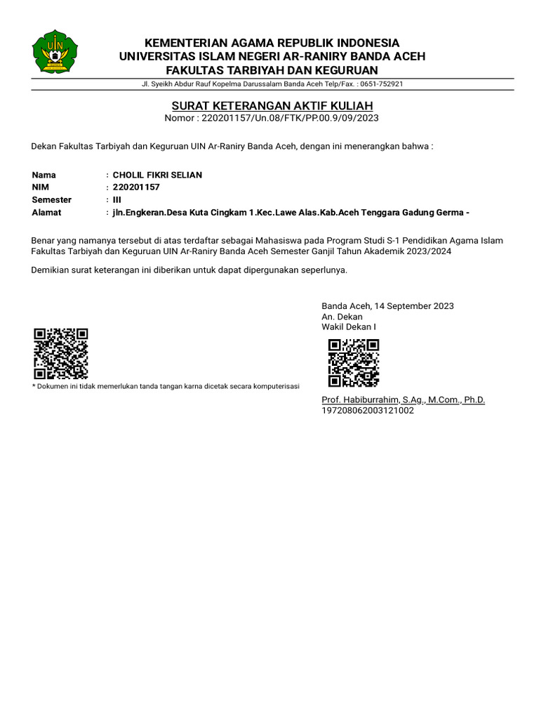 Surat Aktif Kuliah | PDF
