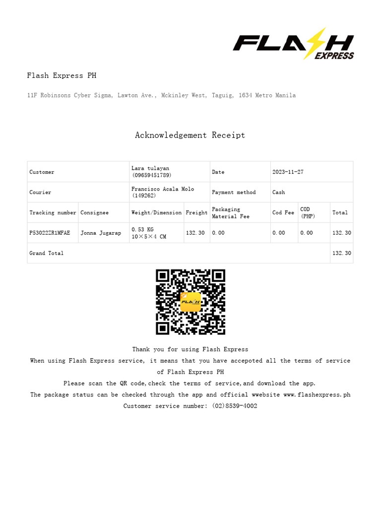 Acknowledgement Receipt: Flash Express PH | PDF