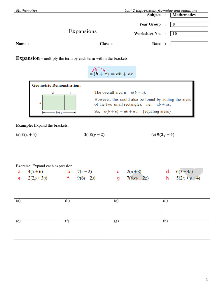 Algebra Expansion Worksheet 8 | PDF