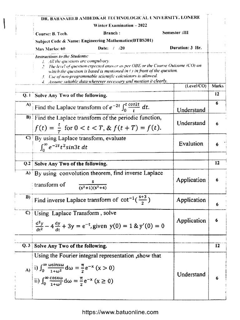 Btech 3 Sem Engineering Mathematics Btbs301 Winter Solution 2022 | PDF