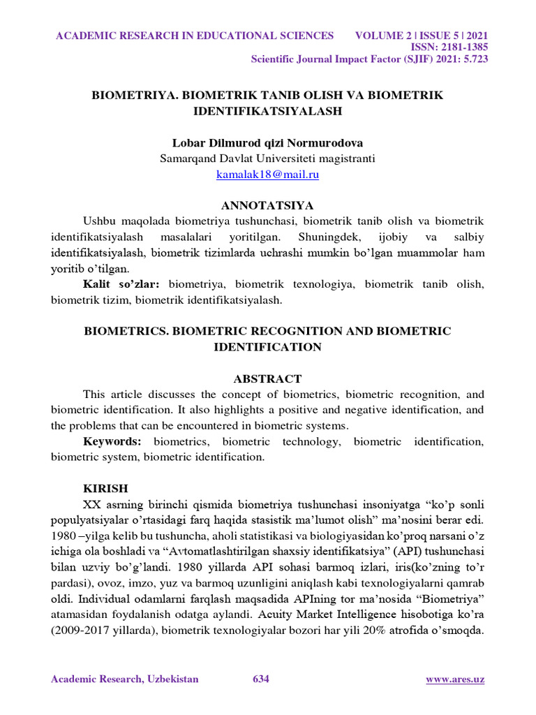 Biometriya Biometrik Tanib Olish Va Biometrik Identifikatsiyalash | PDF | Biometrics ...