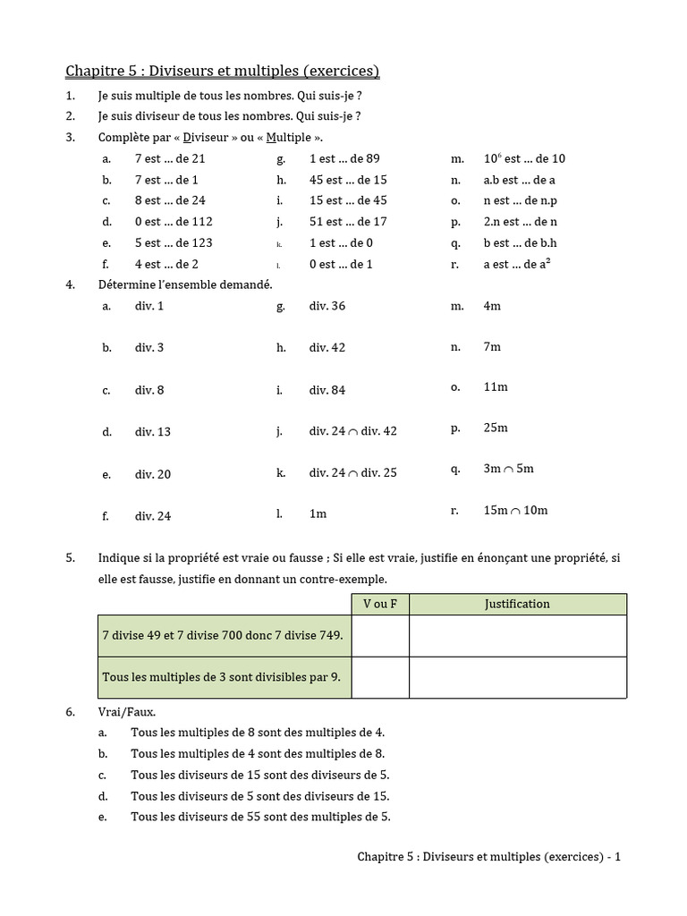 Exercices sur multiples et diviseurs | PDF | Entier naturel | Mathématiques