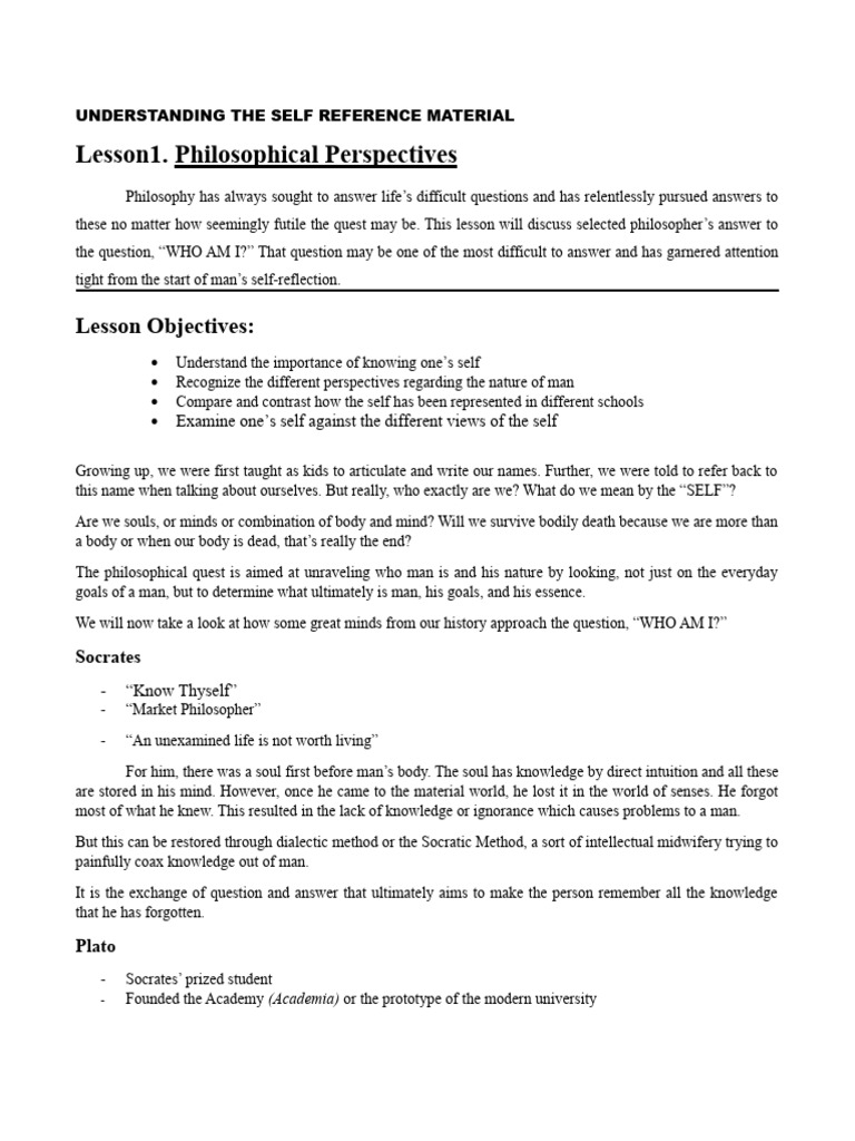 Lesson1. Philosophical Perspectives | PDF | Philosophy Of Self | Soul