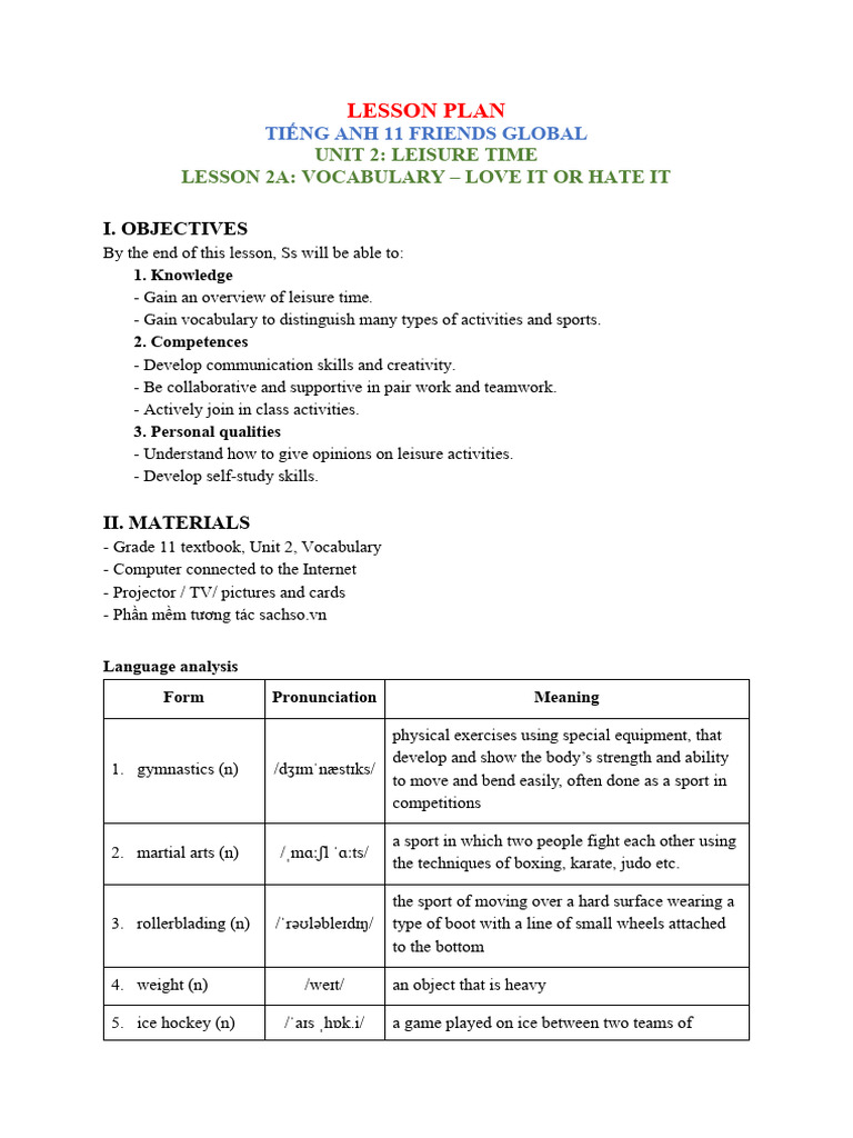 Lesson Plan 2A | PDF | Vocabulary | Teachers