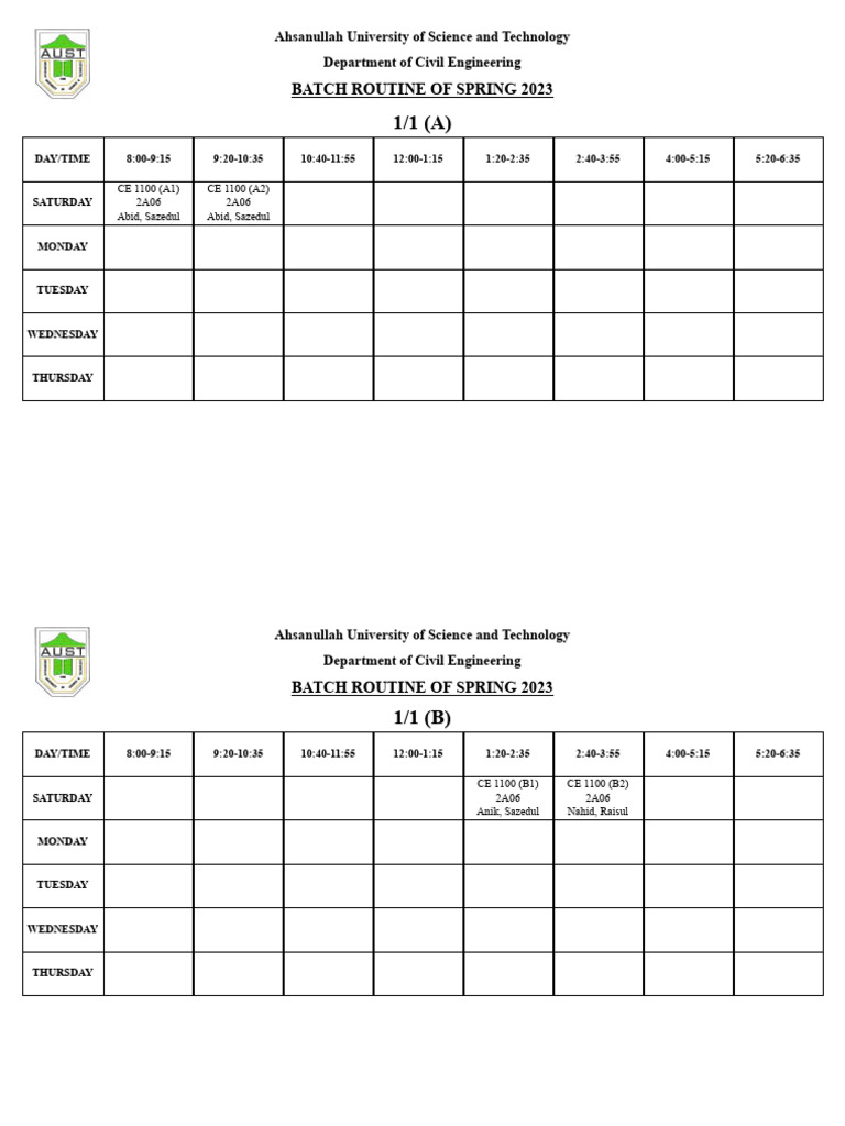 Saturday Batch Routine - Spring 2023 | PDF