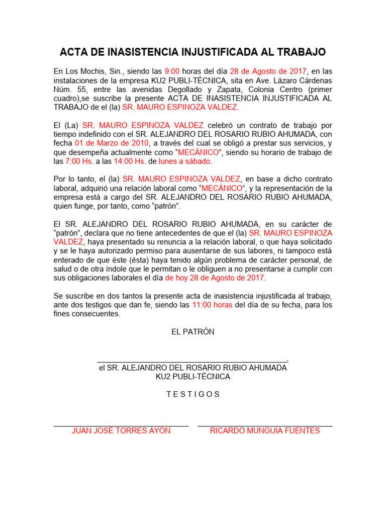 Ku2 Acta de Inasistencia Injustificada Al Trabajo | PDF
