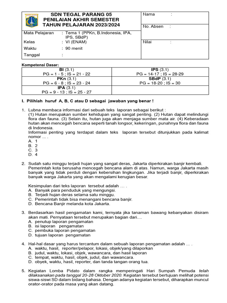 Soal Pas Kelas 6 Tema 1 | PDF