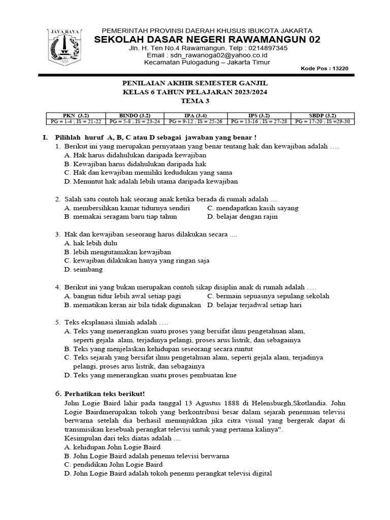 PAS Kelas 6 Tema 3 | PDF