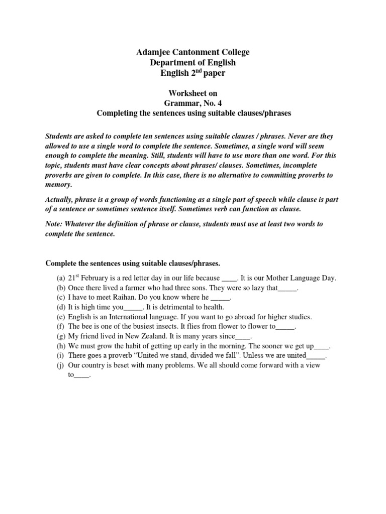 Grammar Item 4 Completing Sentence OF | PDF | Sentence (Linguistics ...