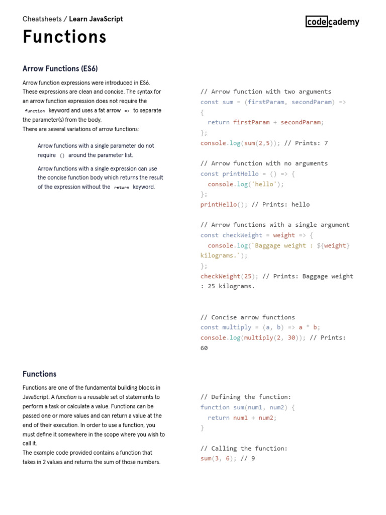 Learn JavaScript - Functions Cheatsheet - Codecademy | PDF | Anonymous ...