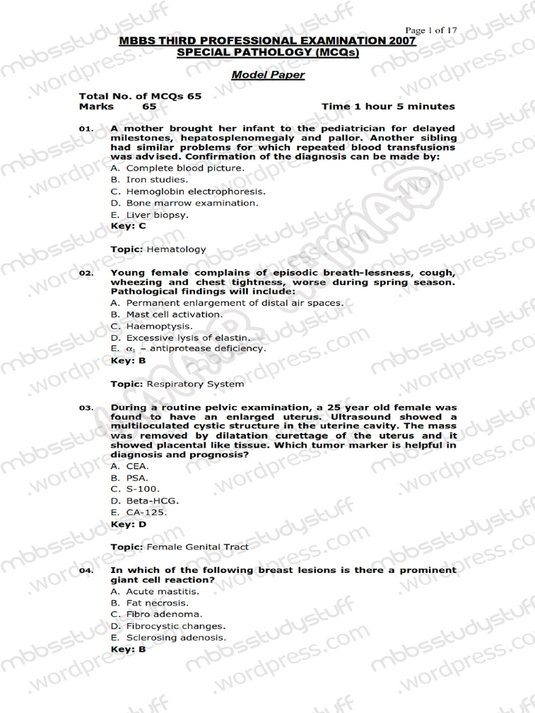 Special Patho Model MCQ 2007 | PDF