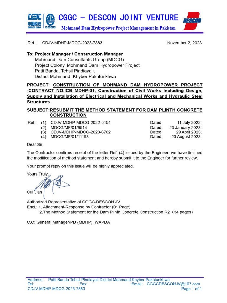 CDJV-MDHP-MDCG-2023-7883-Resubmit The Method Statement of Dam Plinth ...