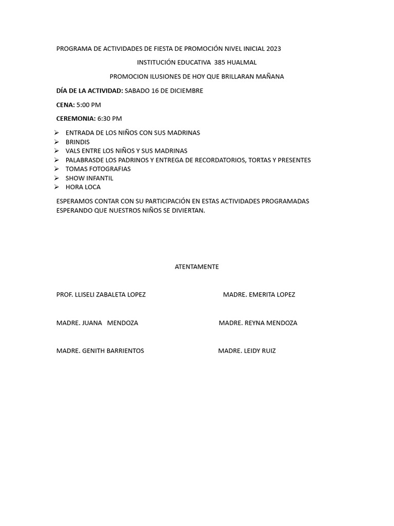 Programa de Actividades de Fiesta de Promoción Nivel Inicial 2023 | PDF