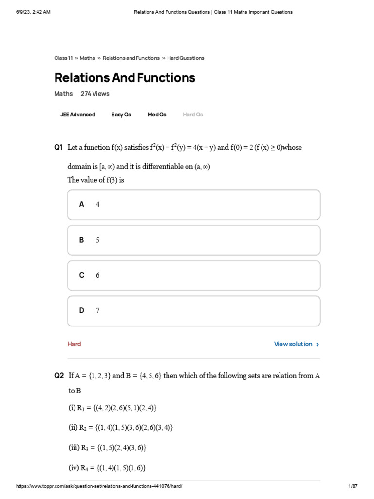 Relations and Functions Questions - Class 11 Maths Important Questions ...