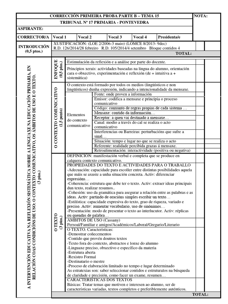 Rúbrica TEMA 15 Oposiciones Primaria Galicia | PDF