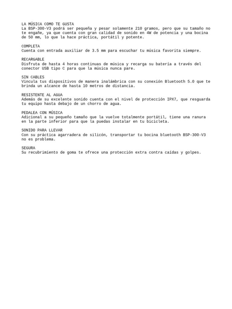 Bocina Portátil BSP-300-V3: Potencia y Resistencia | PDF