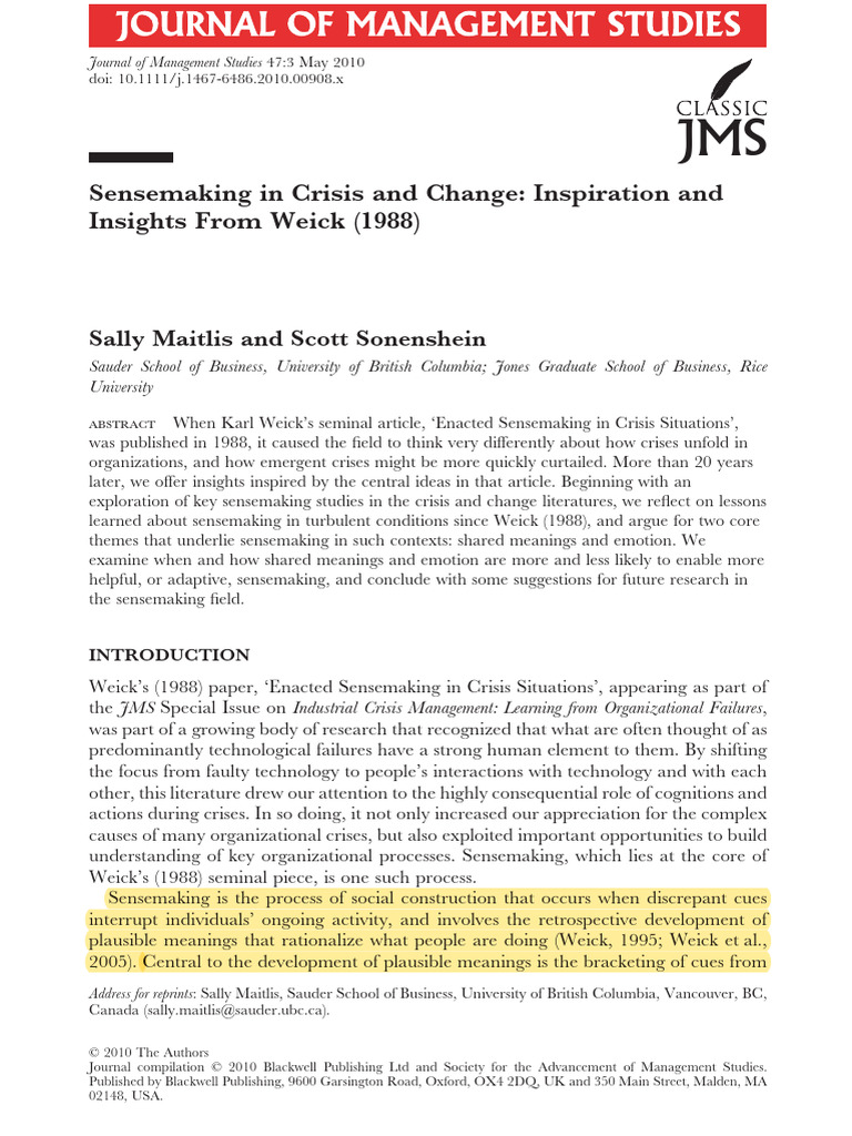 Sensemaking in Crisis: Weick's Insights | PDF | Identity (Social ...