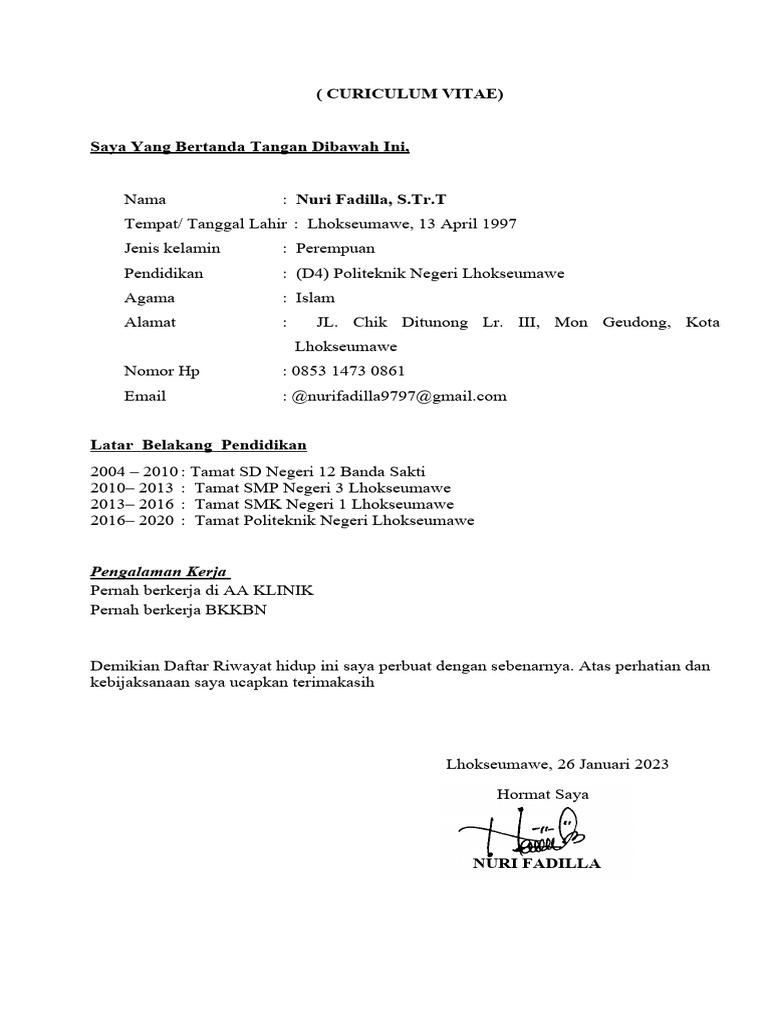 CV Nuri Fadilla: Pendidikan & Pengalaman | PDF