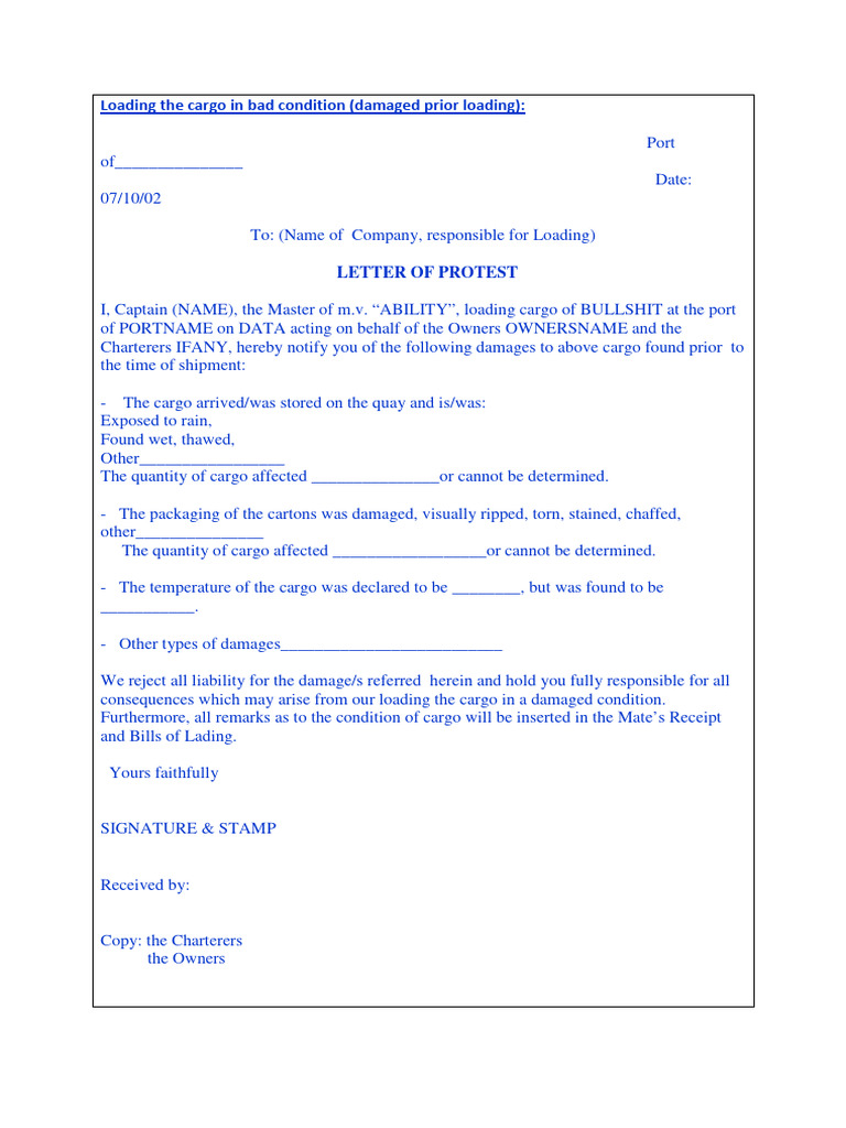 Letters of Protest (Sample) | PDF | Cargo | Freight Transport