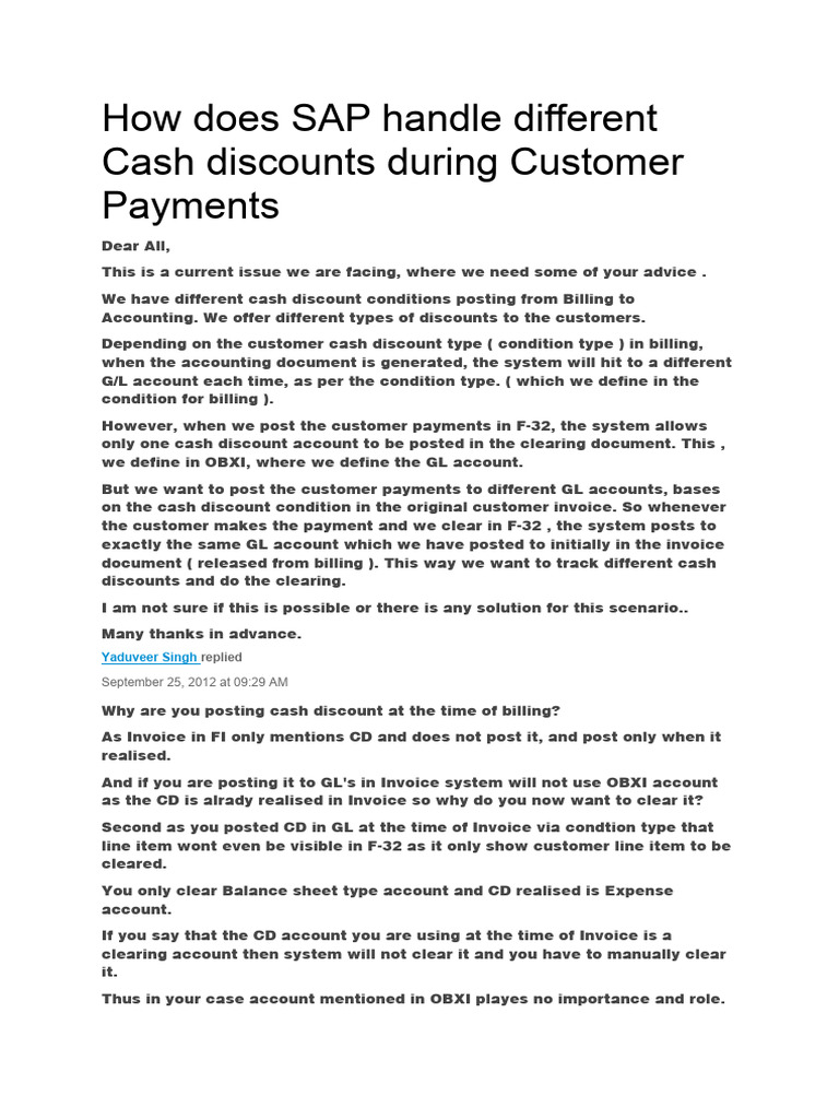 SAP Cash Discount Handling in Payments | PDF | Invoice | Cash