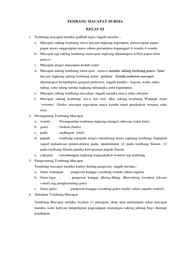 Ringkasan Materi Bhs Jawa Macapat Tembang Durma Kls XI | PDF