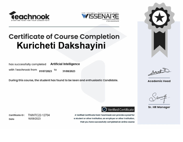Teachnook COURSE Completion Certificate - Kuricheti Dakshayini | PDF