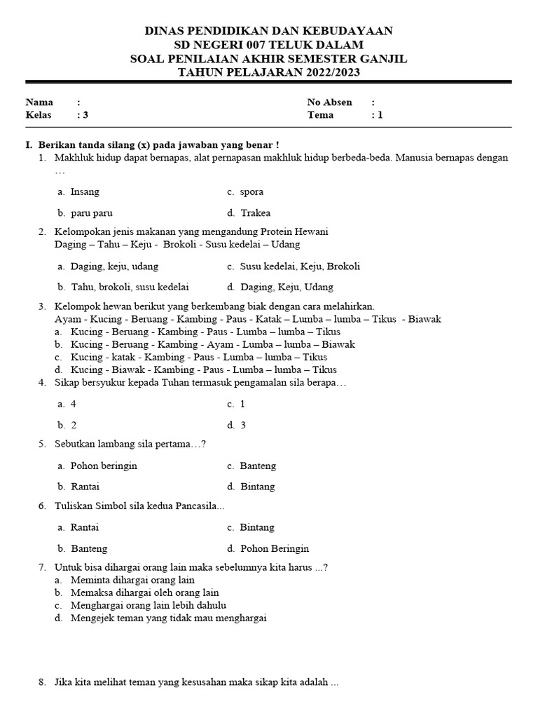 Soal UAS KELAS 3 TEMA 1 | PDF