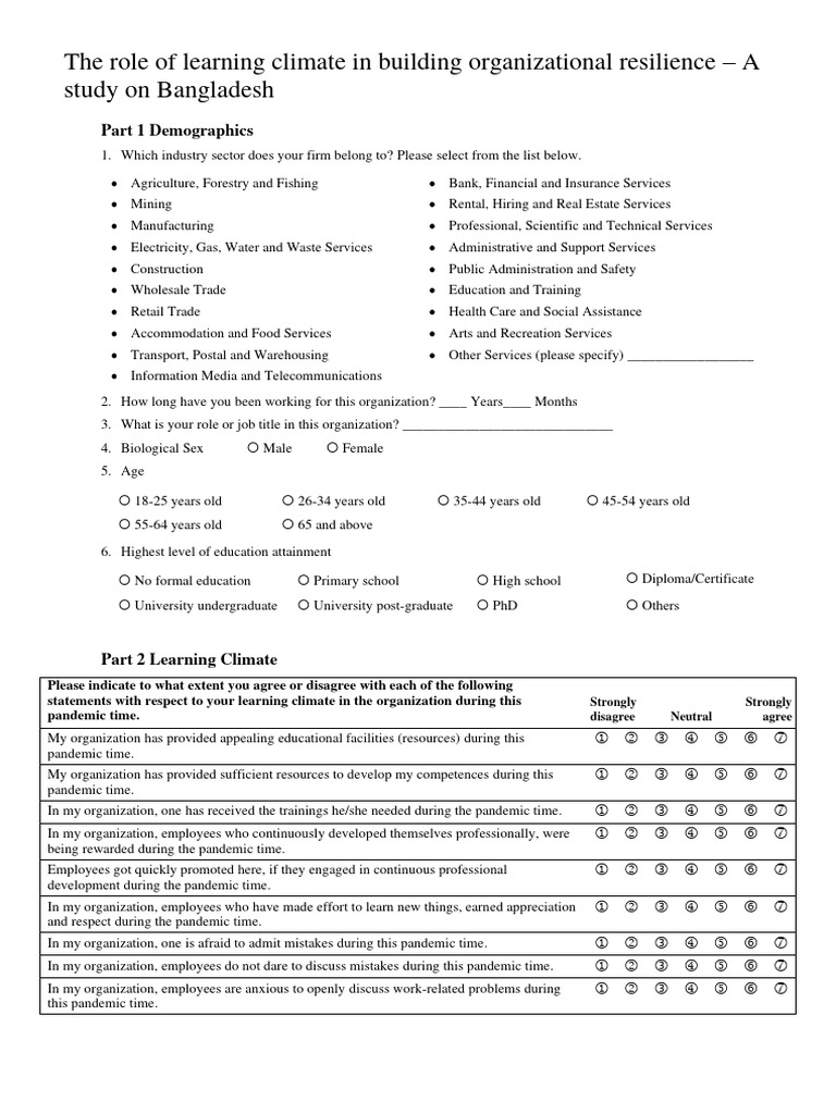 Questionnaire - Role of Learning Climate in Building Organizational ...
