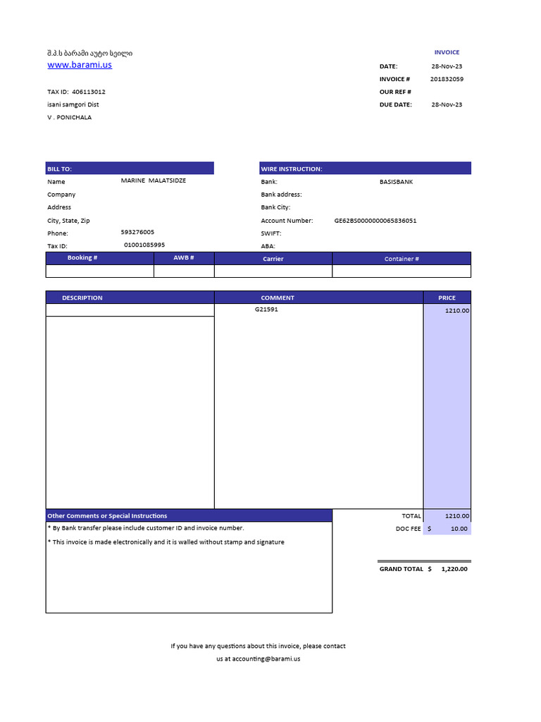 WWW - Barami.us: Bill To: Wire Instruction | PDF | Wire Transfer | Invoice