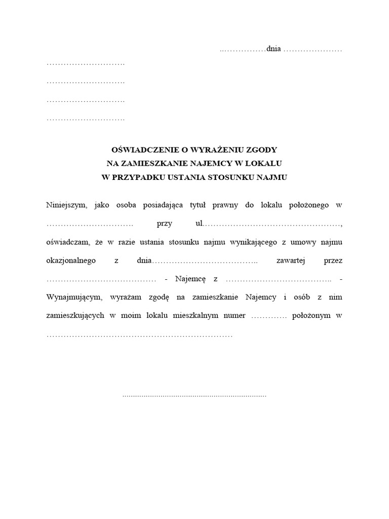Najem Okazjonalny - Oświadczenie Właściciela Lokalu | PDF