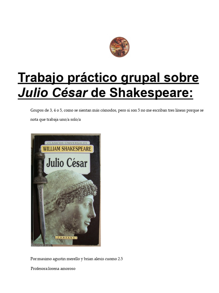 Actividad Grupal Sobre Julio César de Shakespeare | PDF | Julio César ...