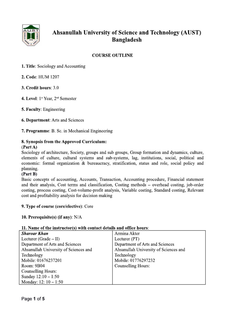 Hum 1207 Sociology and Accounting Course Outline | PDF