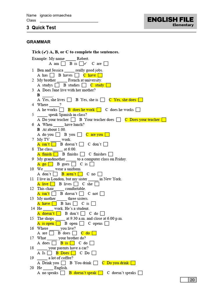 Ef3e Elem Quicktest 03 Pdf Linguistics Human Communication