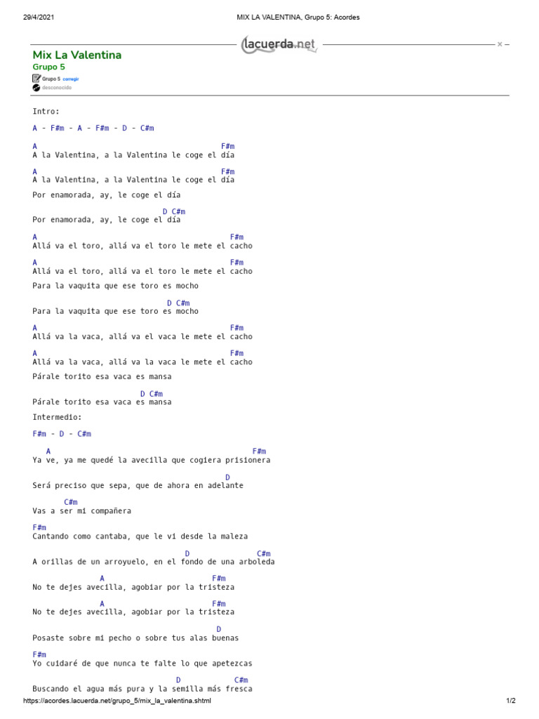 Mix La Valentina, Grupo 5 - Acordes | PDF