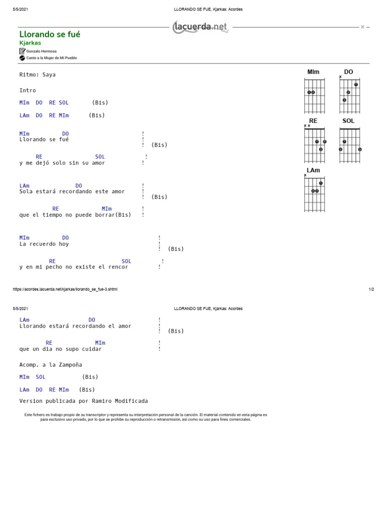 Llorando Se Fue, Kjarkas - Acordes | PDF | Musica Popular | Canciones