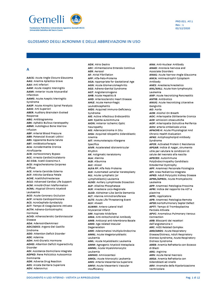 PRO.021.All .1 Acronimi e Abbreviazioni Consentiti | Download Free PDF | Heart | Coronary Artery ...