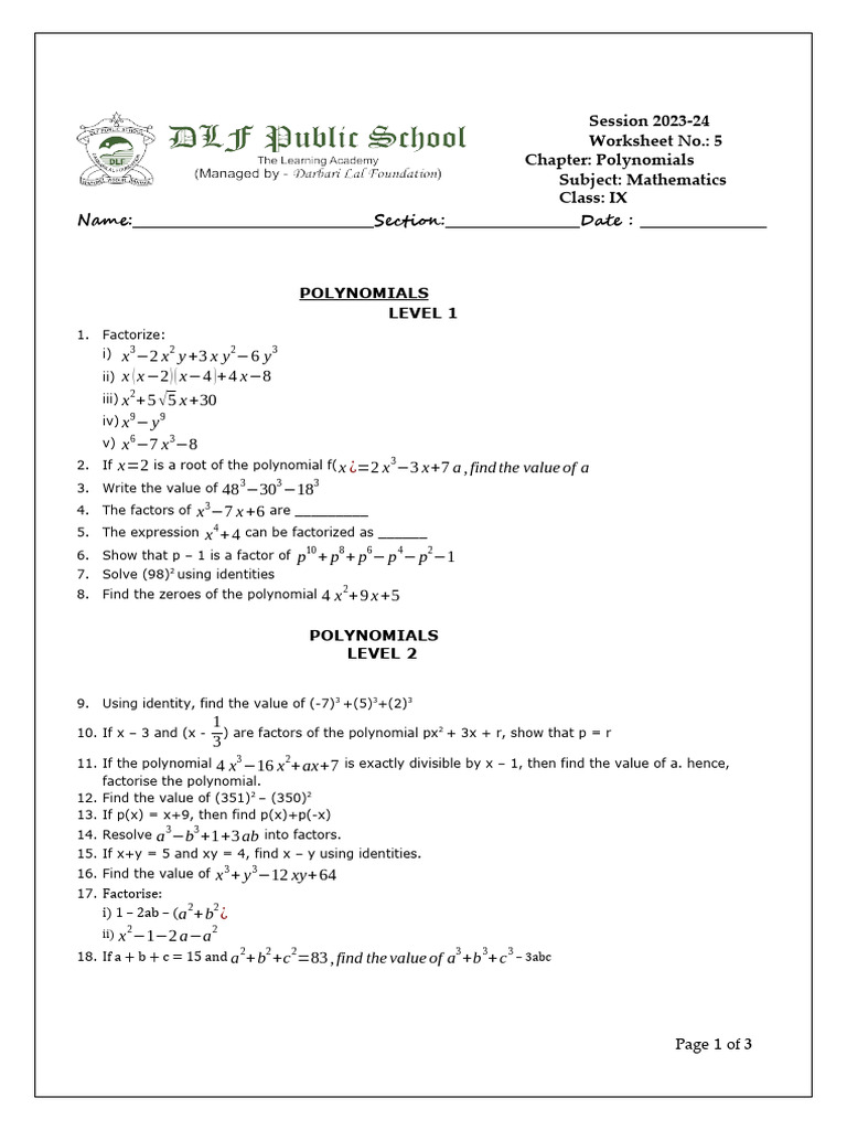 Class 9 Polynomial Factorization Worksheet | PDF | Factorization ...